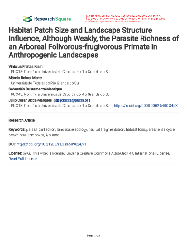 (PDF) Habitat Patch Size and Landscape Structure Influence, Although ...