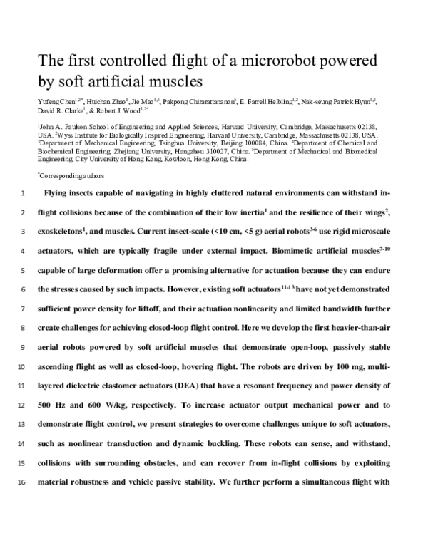 (PDF) Controlled flight of a microrobot powered by soft artificial muscles