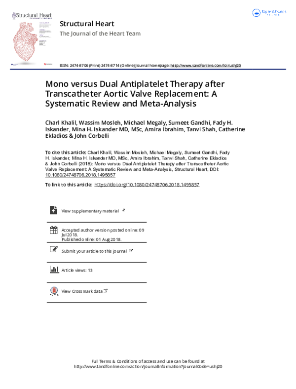 (PDF) Mono versus Dual Antiplatelet Therapy after Transcatheter Aortic Valve Replacement: A ...