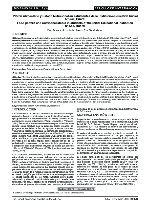 (PDF) Patrón Alimentario y Estado Nutricional en estudiantes de la ...