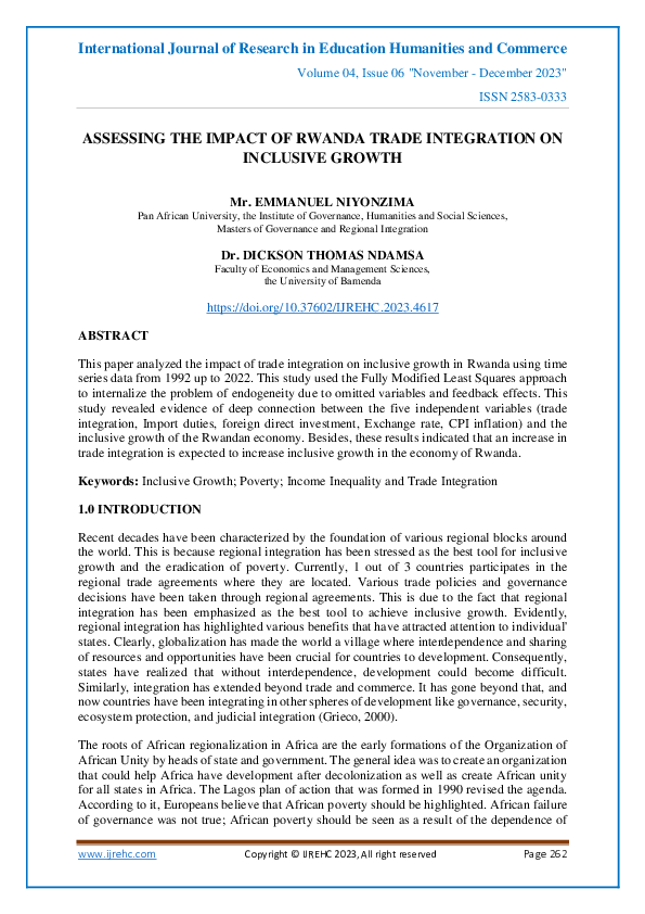 (PDF) ASSESSING THE IMPACT OF RWANDA TRADE INTEGRATION ON INCLUSIVE GROWTH