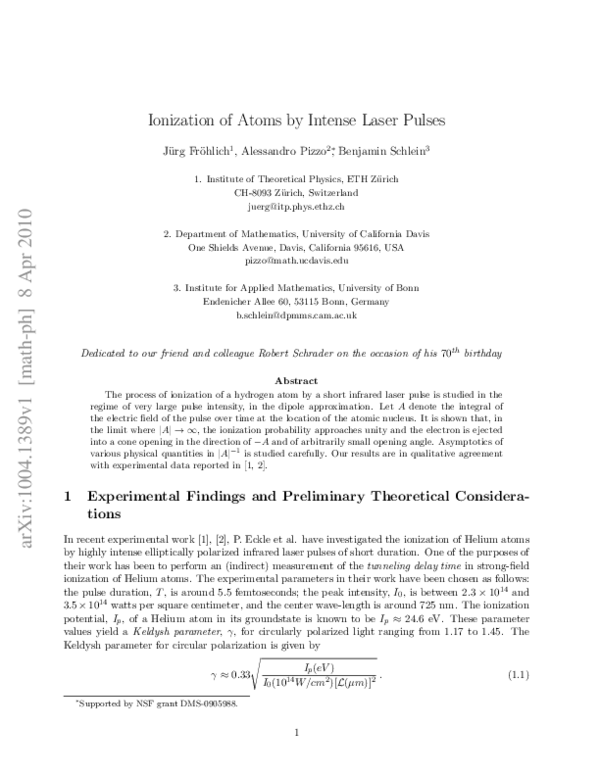 (PDF) Ionization of Atoms by Intense Laser Pulses