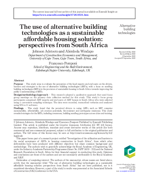 (PDF) The use of alternative building technologies as a sustainable ...