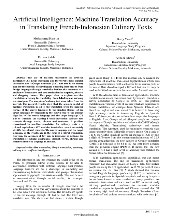 (PDF) Artificial Intelligence: Machine Translation Accuracy in Translating French-Indonesian ...