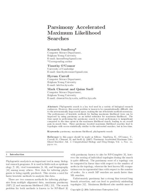 (PDF) Parsimony accelerated Maximum Likelihood searches | Kenneth ...