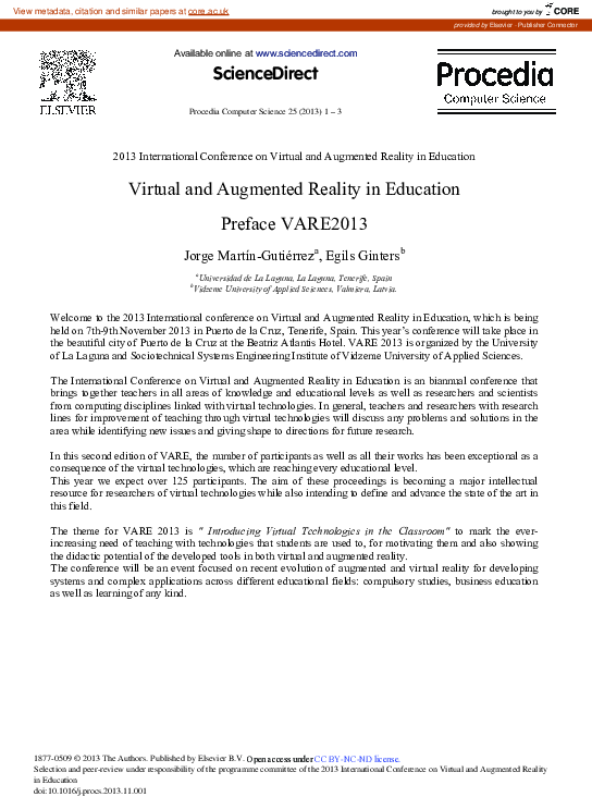 (PDF) Virtual and Augmented Reality in Education Preface VARE2013