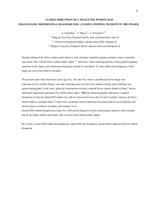 (PDF) 1 Closed Disruption of a Single FDS Tendon Slip : Challenging ...