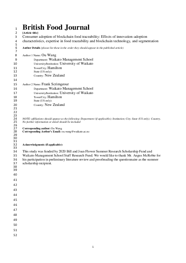 (PDF) Consumer adoption of blockchain food traceability: effects of innovation-adoption ...