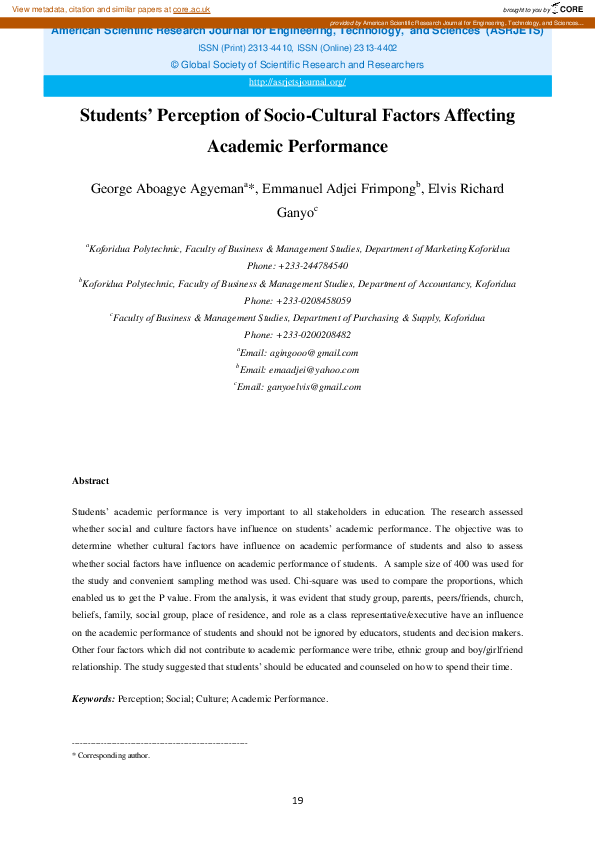 (PDF) Students’ Perception of Socio-Cultural Factors Affecting Academic Performance