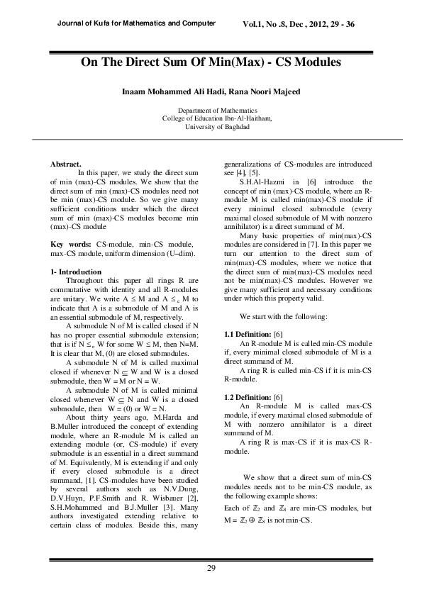(PDF) On The Direct Sum Of Min(Max) - CS Modules