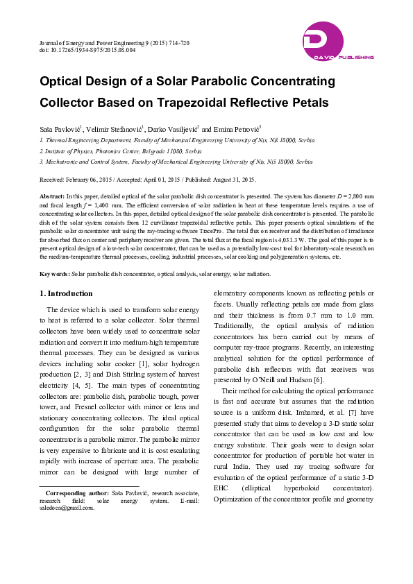(PDF) Optical Design of a Solar Parabolic Concentrating Collector Based ...