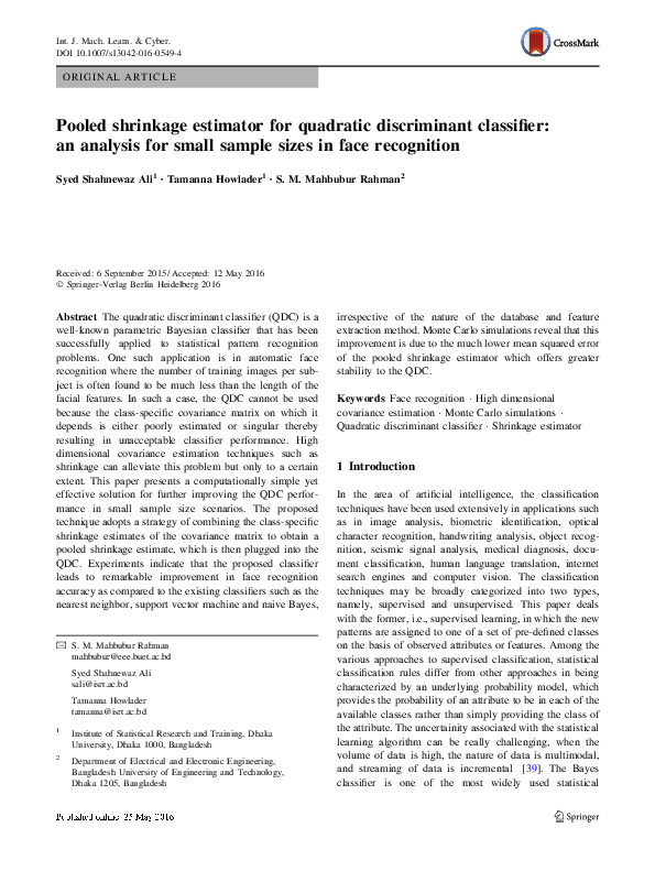 (PDF) Pooled shrinkage estimator for quadratic discriminant classifier: an analysis for small ...