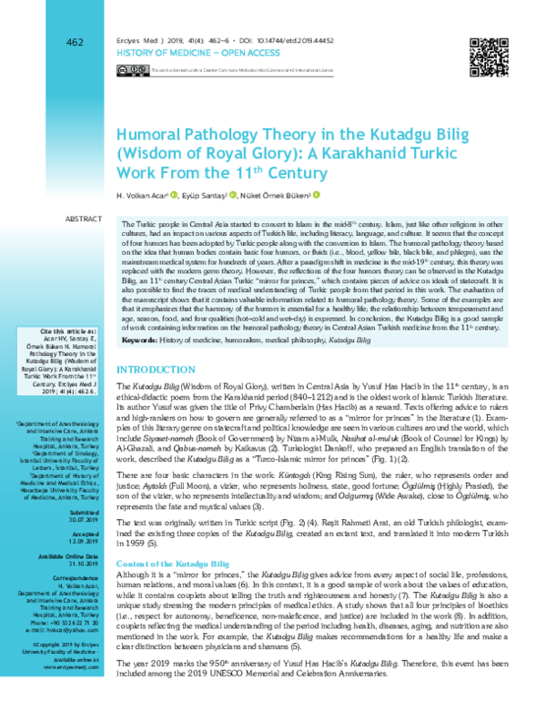 (PDF) The Humoral Pathology Theory In The Kutadgu Bilig (Wisdom of ...