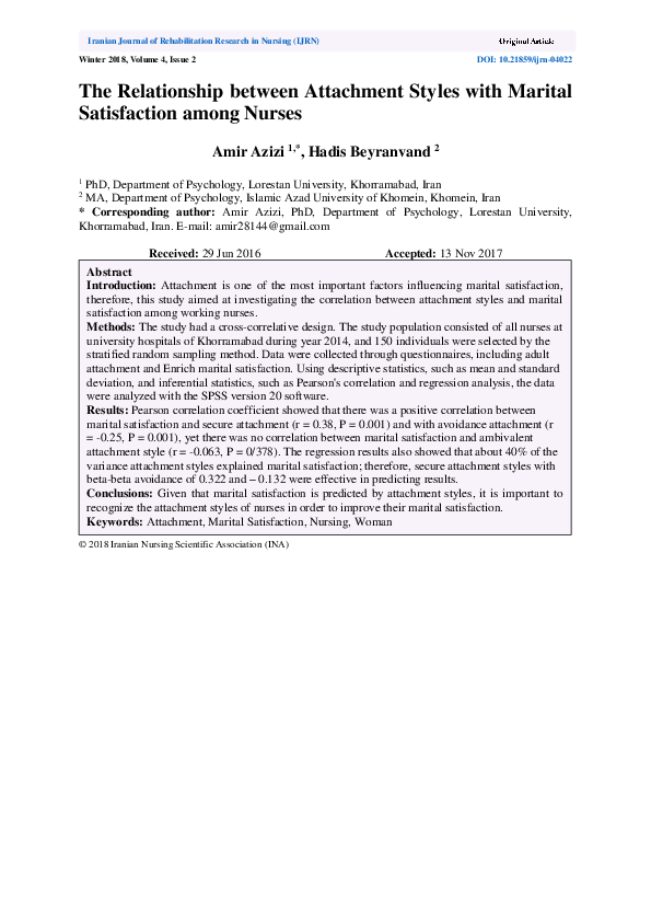 (PDF) The Relationship between Attachment Styles with Marital Satisfaction among Nurses | amir ...