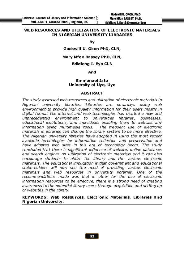 (PDF) WEB RESOURCES AND UTILIZATION OF ELECTRONIC MATERIALS IN NIGERIAN ...