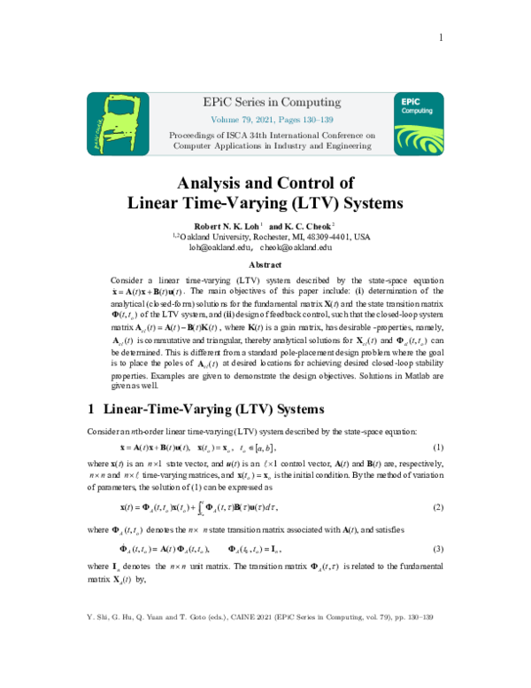 Pdf Analysis Of Linear Time Varying Ltv Systems