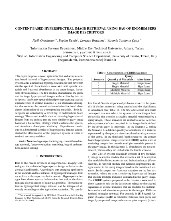 (PDF) Content based hyperspectral image retrieval using bag of endmembers image descriptors