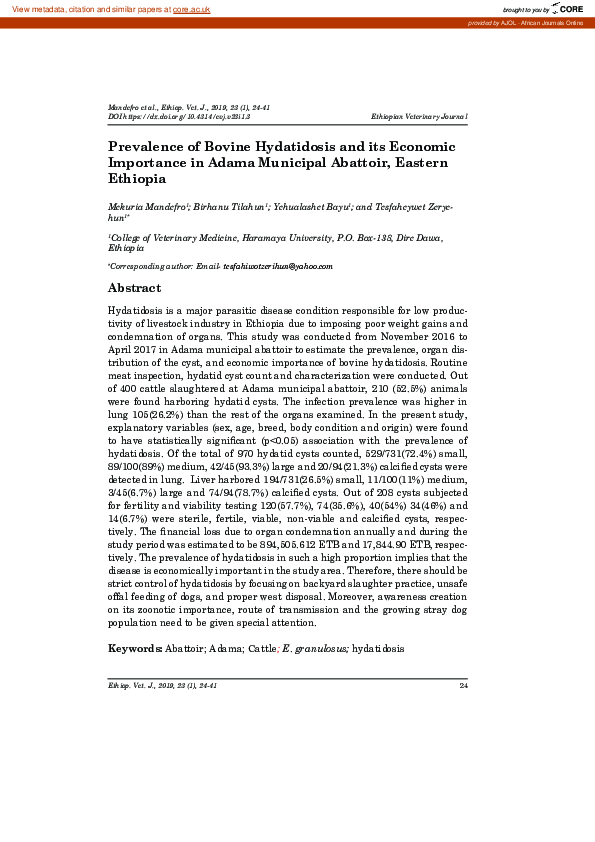 (PDF) Prevalence of bovine hydatidosis and its economic importance in ...