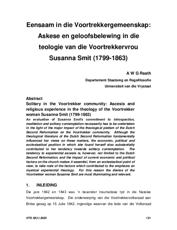 (PDF) Eensaam in die Voortrekkergemeenskap: Askese en geloofsbelewing ...