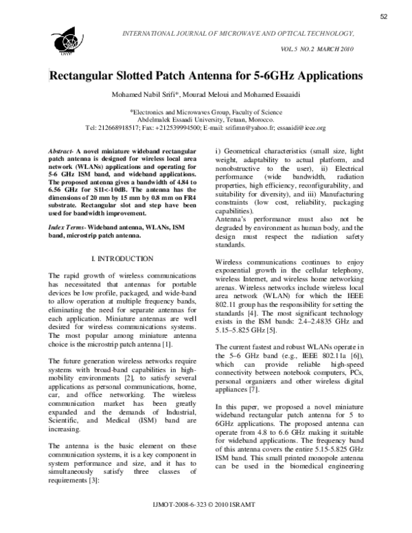 (PDF) Rectangular Slotted Patch Antenna for 5-6GHz Applications
