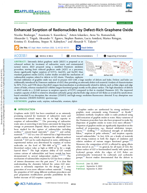 (PDF) Enhanced Sorption of Radionuclides by Defect-Rich Graphene Oxide