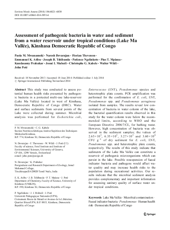 (PDF) Assessment of pathogenic bacteria in water and sediment from a water reservoir under ...