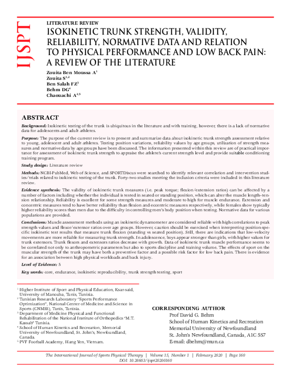 (PDF) Isokinetic Trunk Strength, Validity, Reliability, Normative Data ...