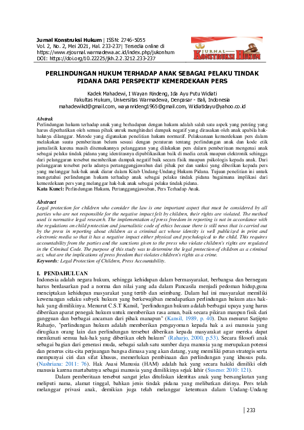 (PDF) Perlindungan Hukum terhadap Anak Sebagai Pelaku Tindak Pidana dari Perspektif Kemerdekaan Pers