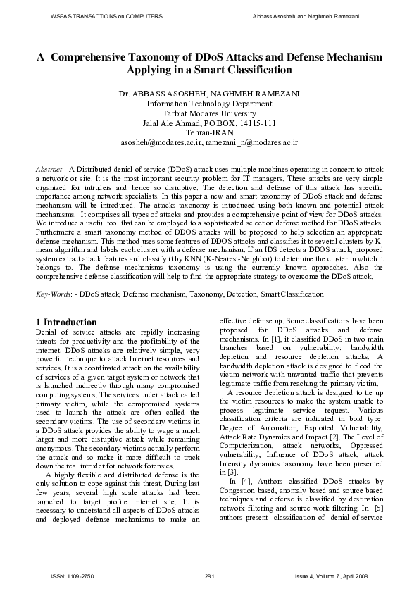 (PDF) A comprehensive taxonomy of DDOS attacks and defense mechanism applying in a smart ...