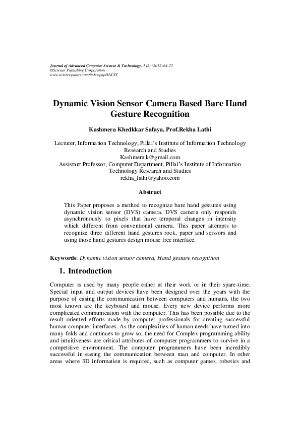 (PDF) Dynamic vision sensor camera based bare hand gesture recognition