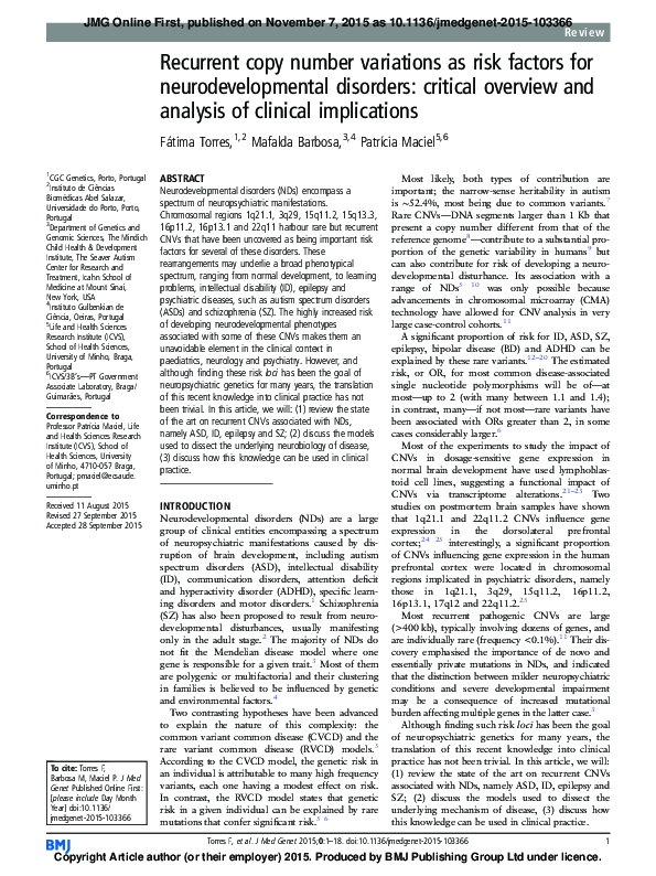 (PDF) Recurrent copy number variations as risk factors for neurodevelopmental disorders ...