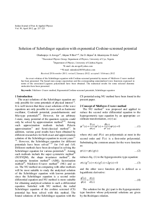 (PDF) Solution of Schrödinger equation with exponential Coshine ...
