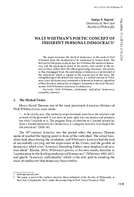 (PDF) Walt Whitman's poetic concept of inherent personal democracy