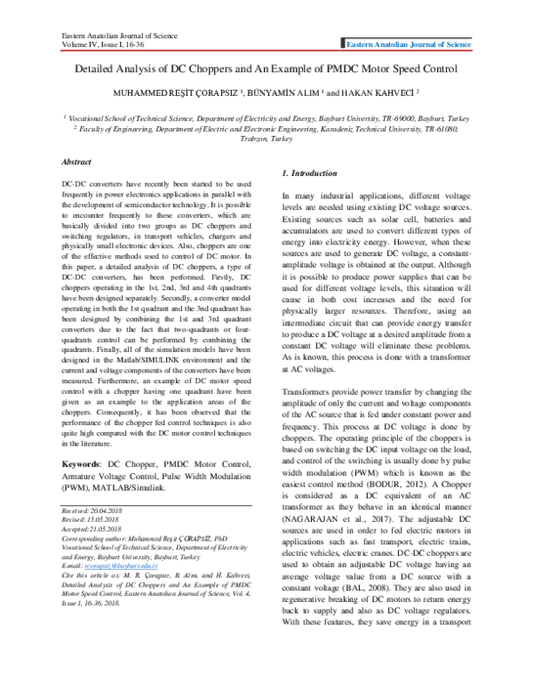 (PDF) Detailed Analysis of DC Choppers and An Example of PMDC Motor Speed Control