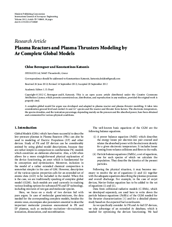 (PDF) Plasma Reactors and Plasma Thrusters Modeling by Ar Complete Global Models | Ch. Berenguer ...