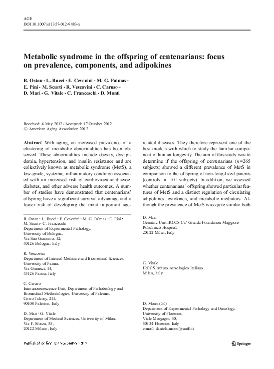 (PDF) Metabolic syndrome in the offspring of centenarians: focus on prevalence, components, and ...