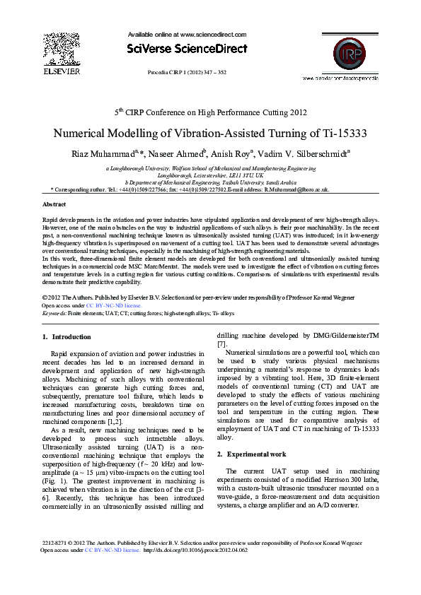 (PDF) Numerical Modelling of Vibration-Assisted Turning of Ti-15333 | Naseer Ahmed - Academia.edu