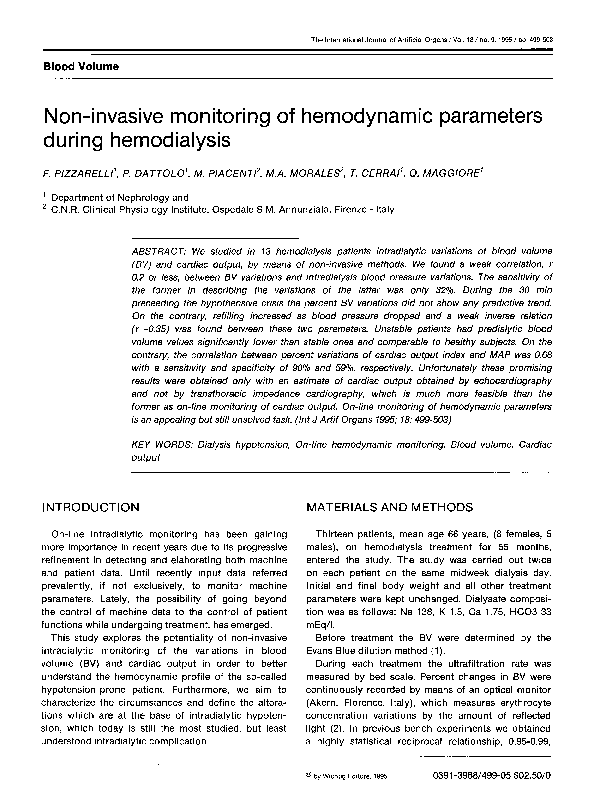 (PDF) Non-invasive monitoring of hemodynamic parameters during hemodialysis