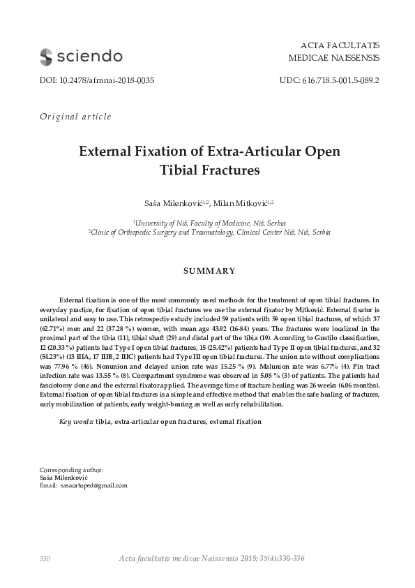 (PDF) External Fixation of Extra-Articular Open Tibial Fractures