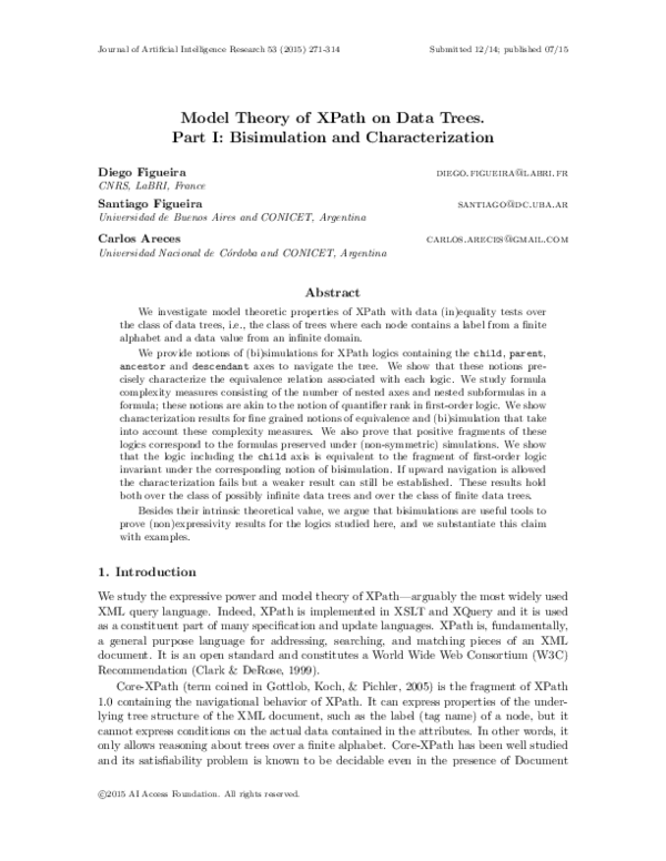 (PDF) Model Theory of XPath on Data Trees. Part I: Bisimulation and Characterization | CARLOS ...