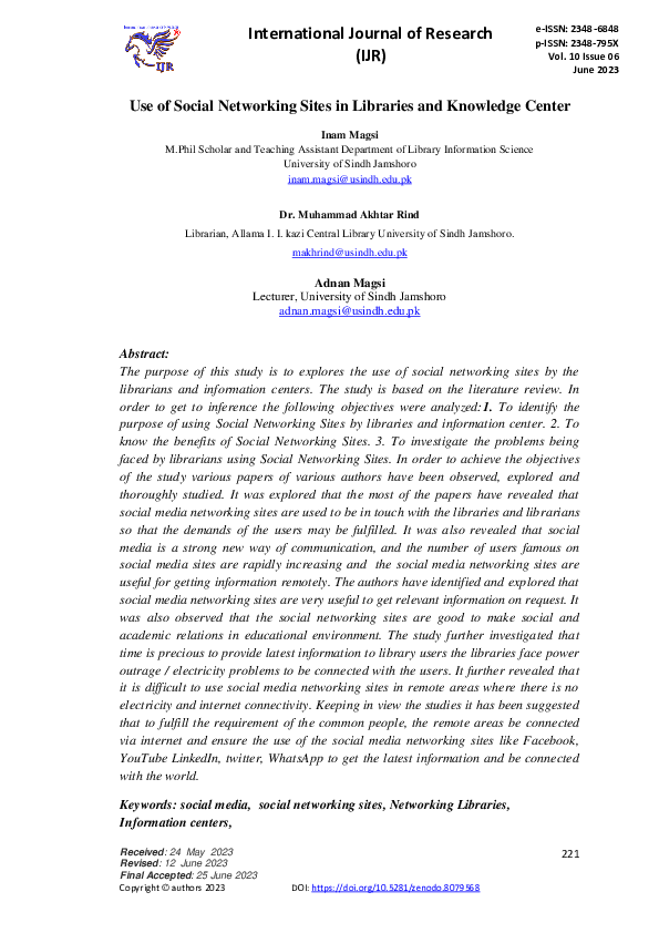 (PDF) Use of Social Networking Sites in Libraries and Knowledge Center