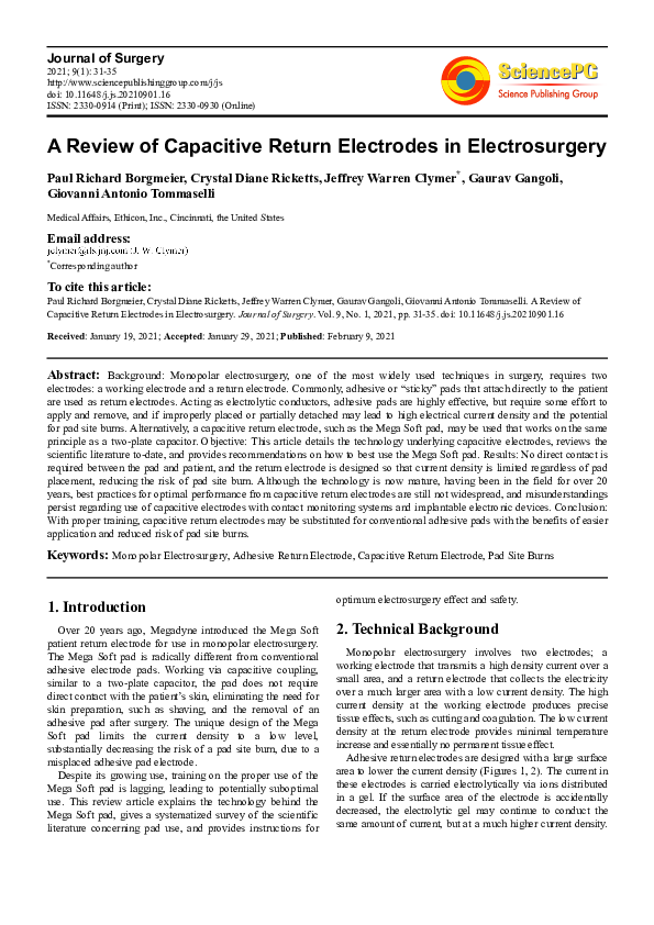 (PDF) A Review of Capacitive Return Electrodes in Electrosurgery