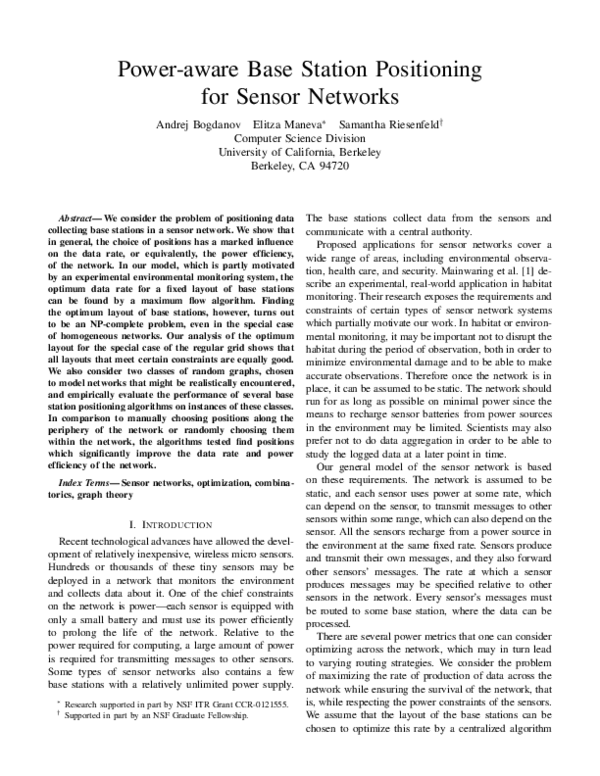 (PDF) Power-aware base station positioning for sensor networks