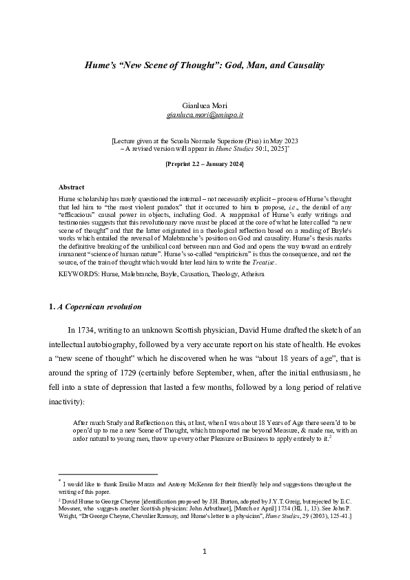 (PDF) Hume's "New Scene of Thought": God, Man, and Causality