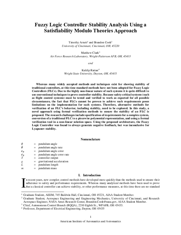 (PDF) Fuzzy Logic Controller Stability Analysis Using a Satisfiability Modulo Theories Approach