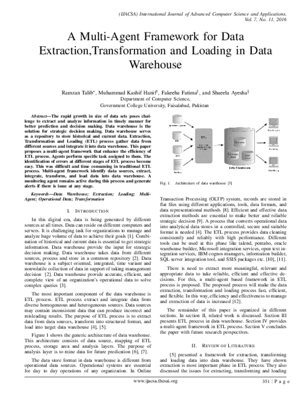 (PDF) A Multi-Agent Framework for Data Extraction,Transformation and Loading in Data Warehouse