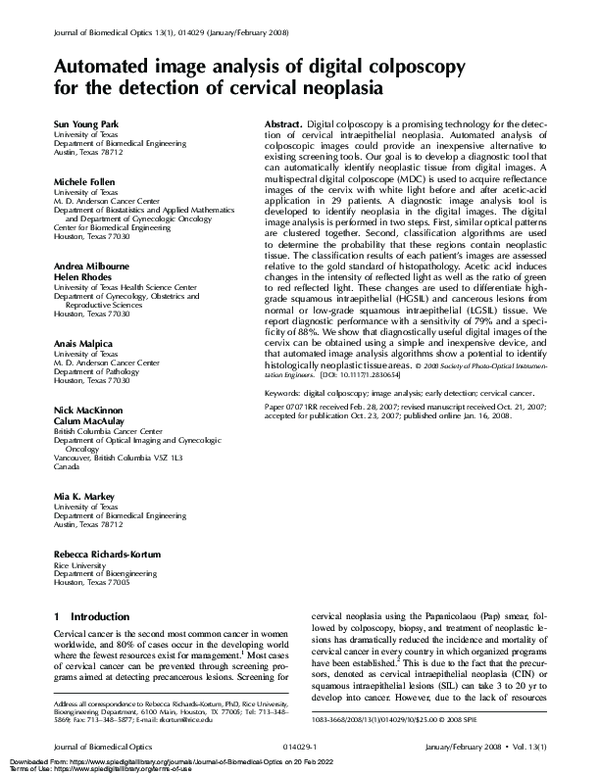 (PDF) Automated image analysis of digital colposcopy for the detection of cervical neoplasia