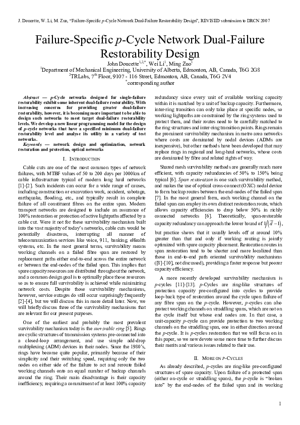(PDF) Failure-specific p-cycle network dual-failure restorability design