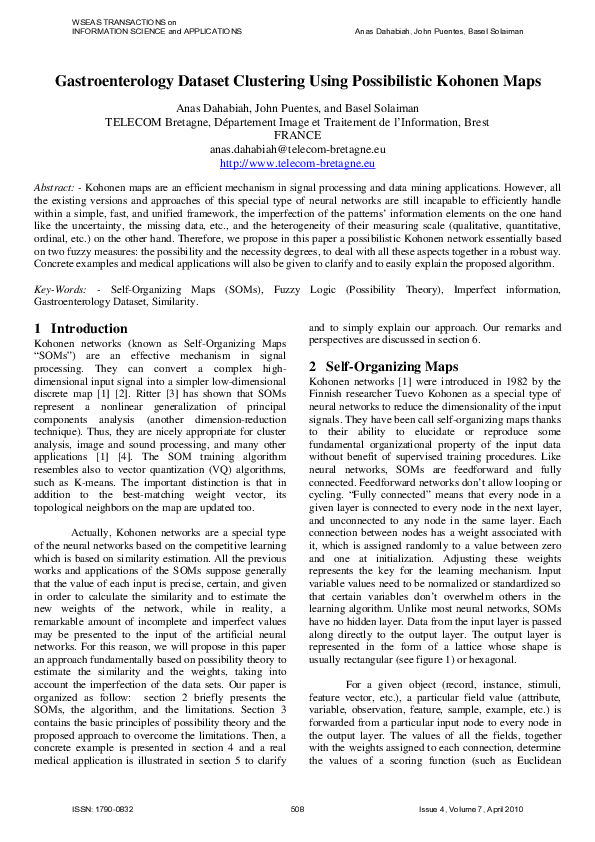 Pdf Clustering Gastroenterology Data With Possibilistic Kohonen Maps