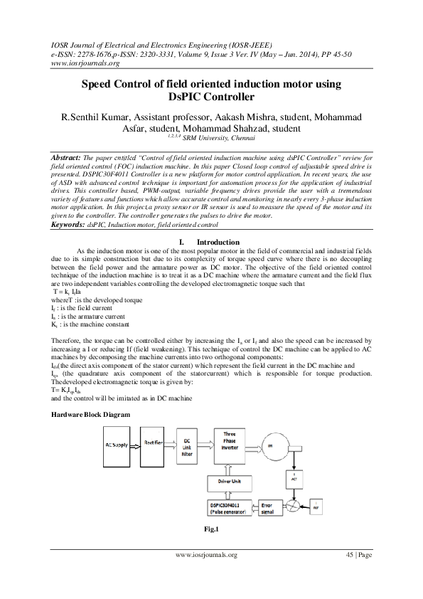 Pdf Speed Control Of Field Oriented Induction Motor Using Dspic 